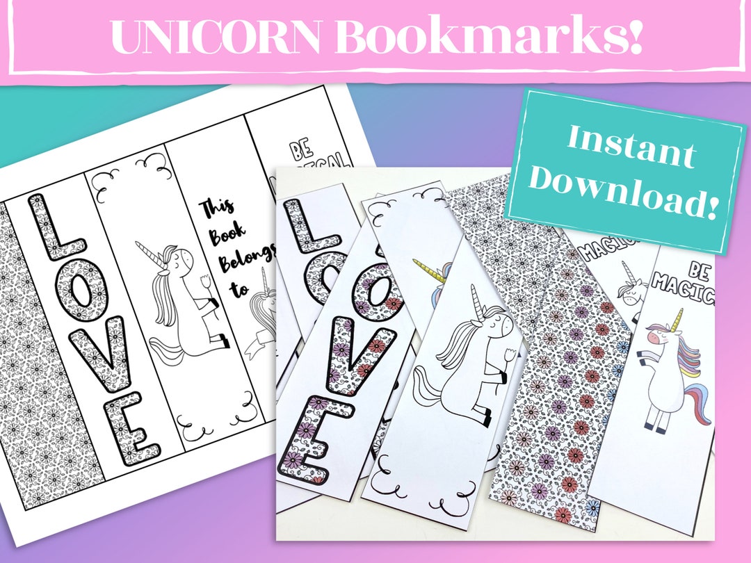 Unicorn Bookmark Set, 5 Printable Bookmarks for Girls, Coloring ...