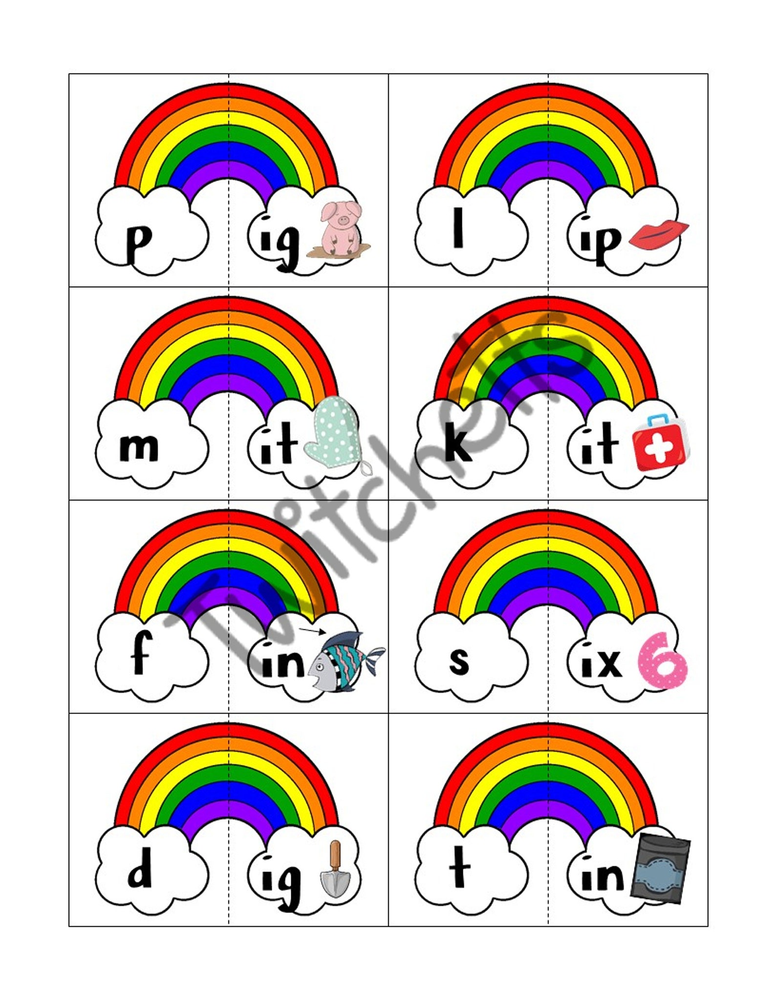 Short I Sounds Rainbow CVC Words Matching Game for Homeschooling ...