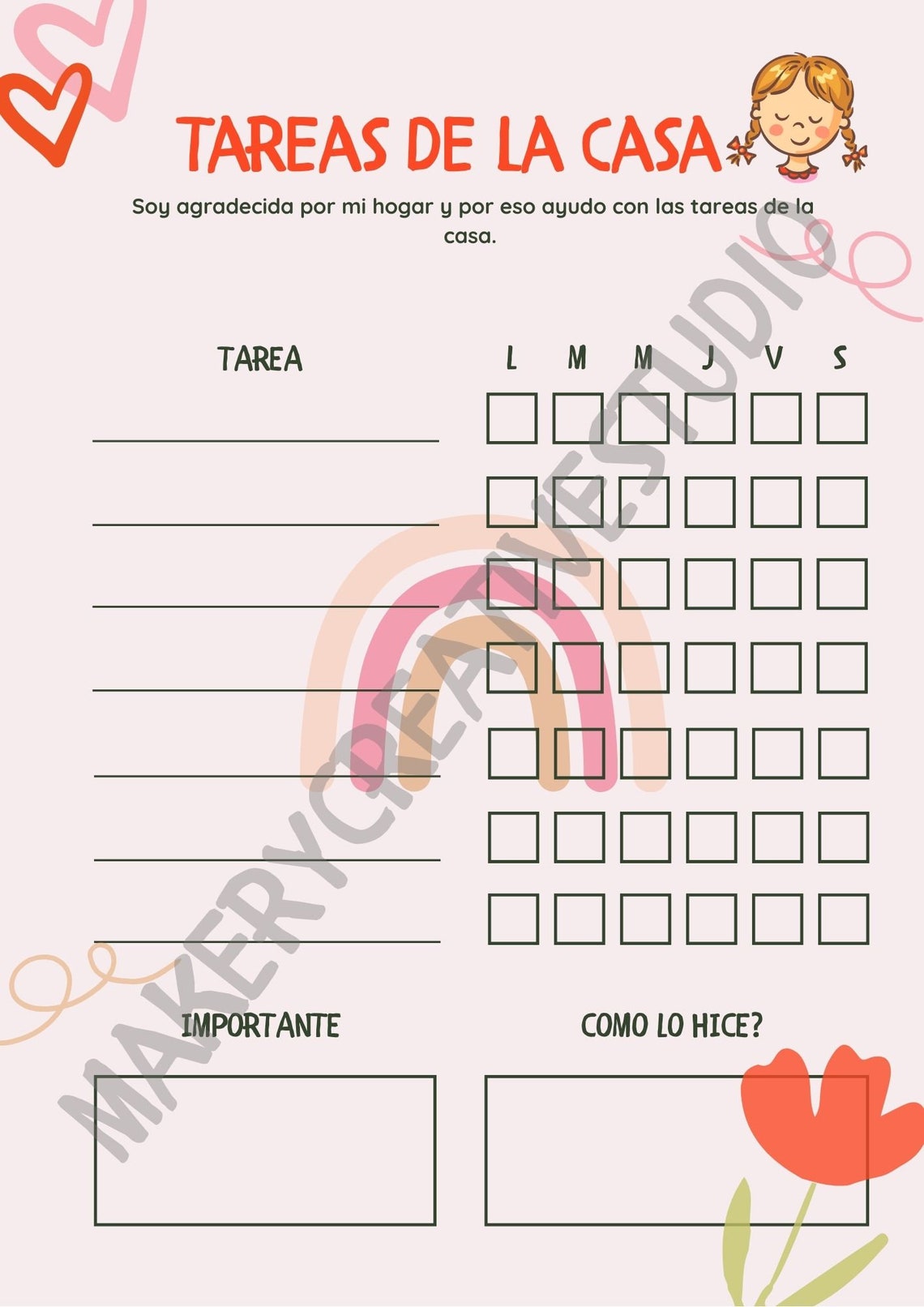 Tareas De La Casa Checklist Para Ninas - Etsy Israel