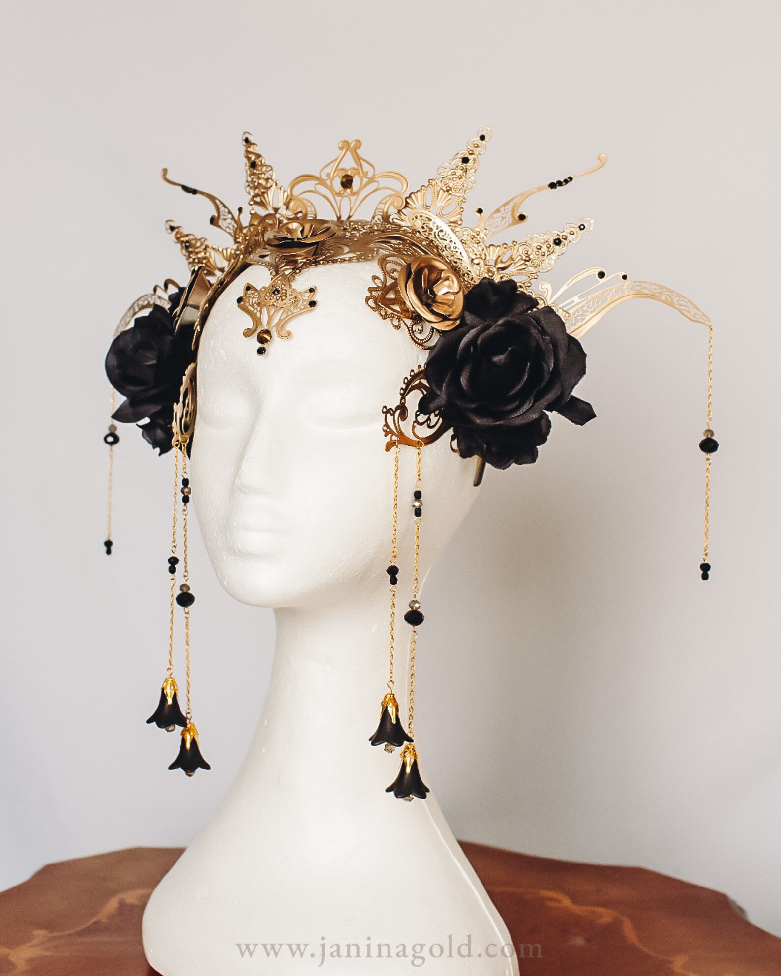 Golden Flower Crown With Black, Boho Gothic Headdress for Wedding ...