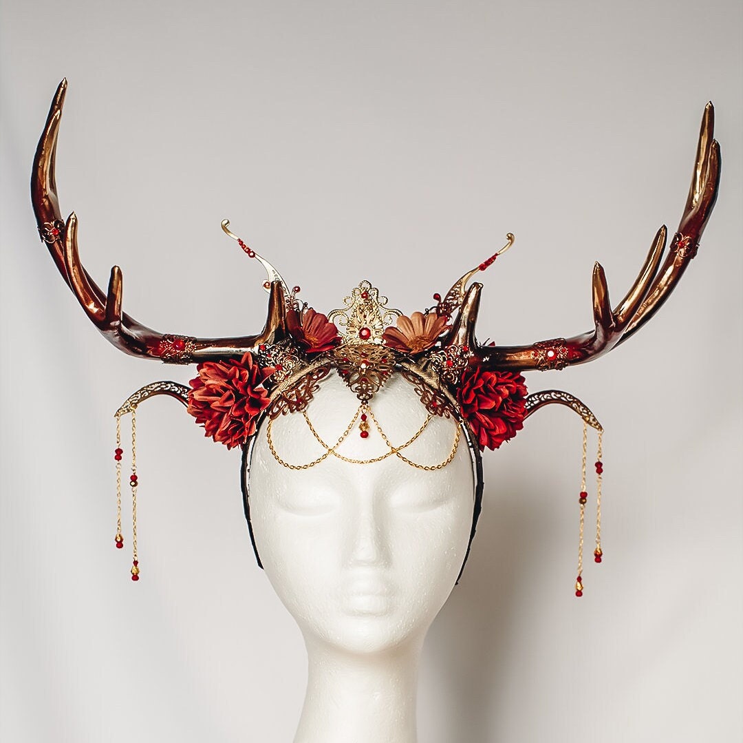 Red-golden Antler Crown, Deer Headdress, Autumn Crown, Reindeer Tiara ...