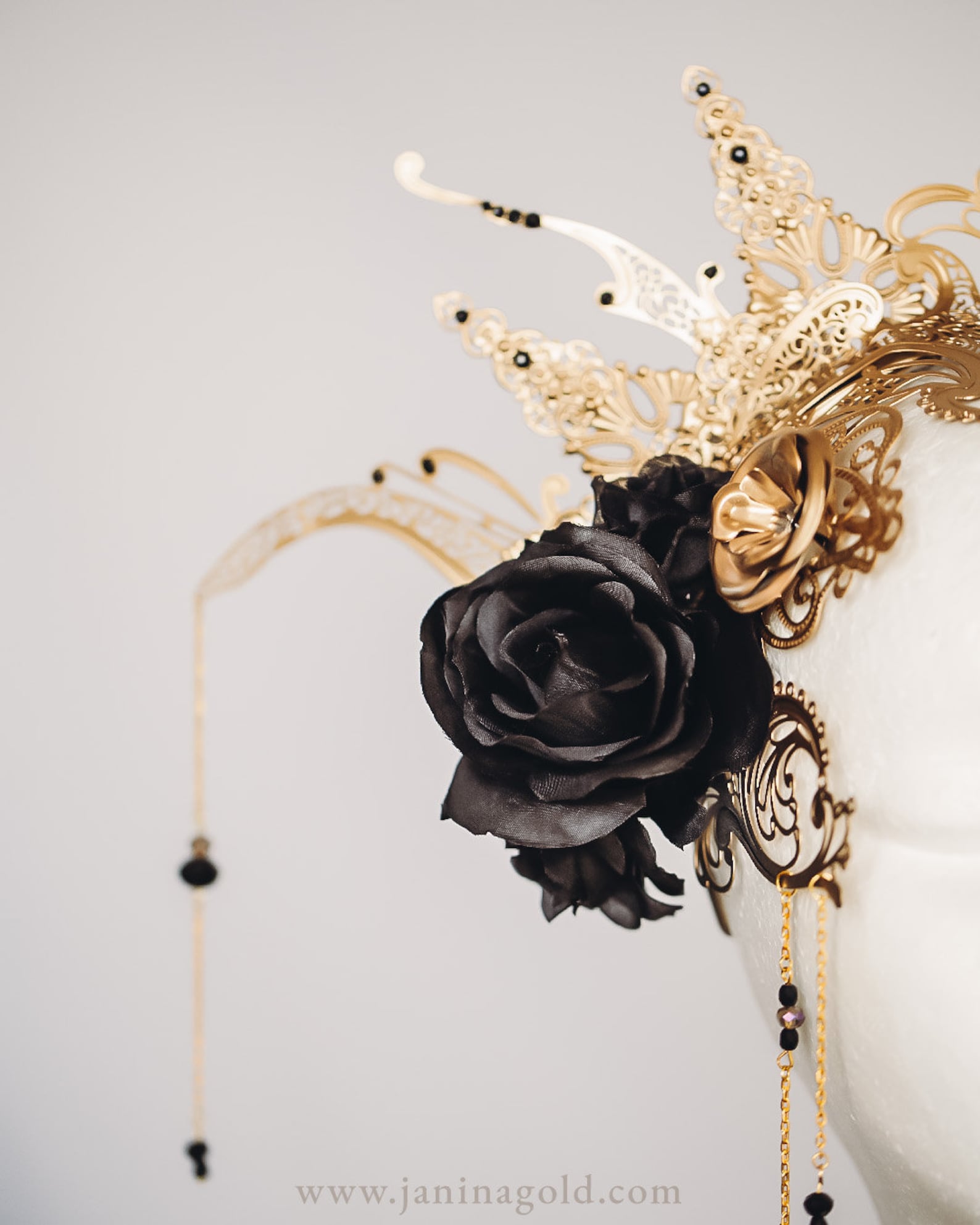 Golden Flower Crown With Black, Boho Gothic Headdress for Wedding ...