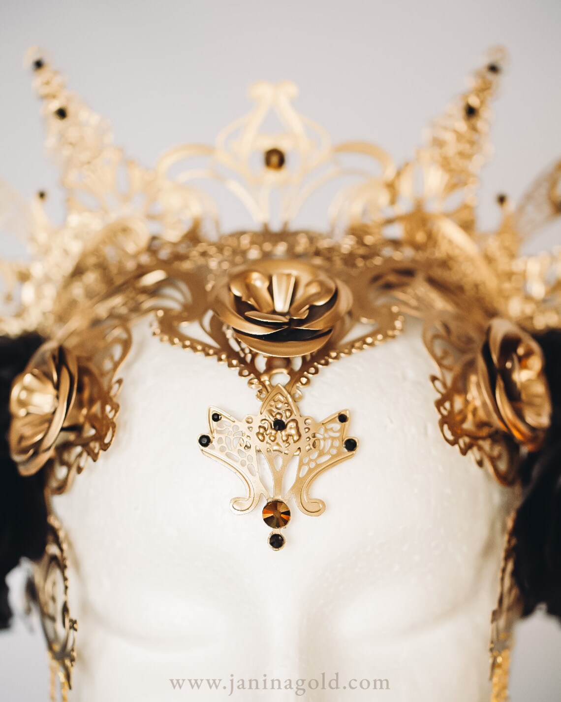 Golden Flower Crown With Black, Boho Gothic Headdress for Wedding ...