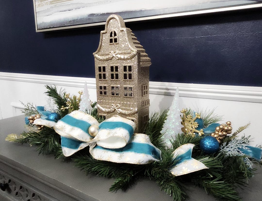 Gold Christmas House With Teal White Trees Elegant Centerpiece Mantel ...