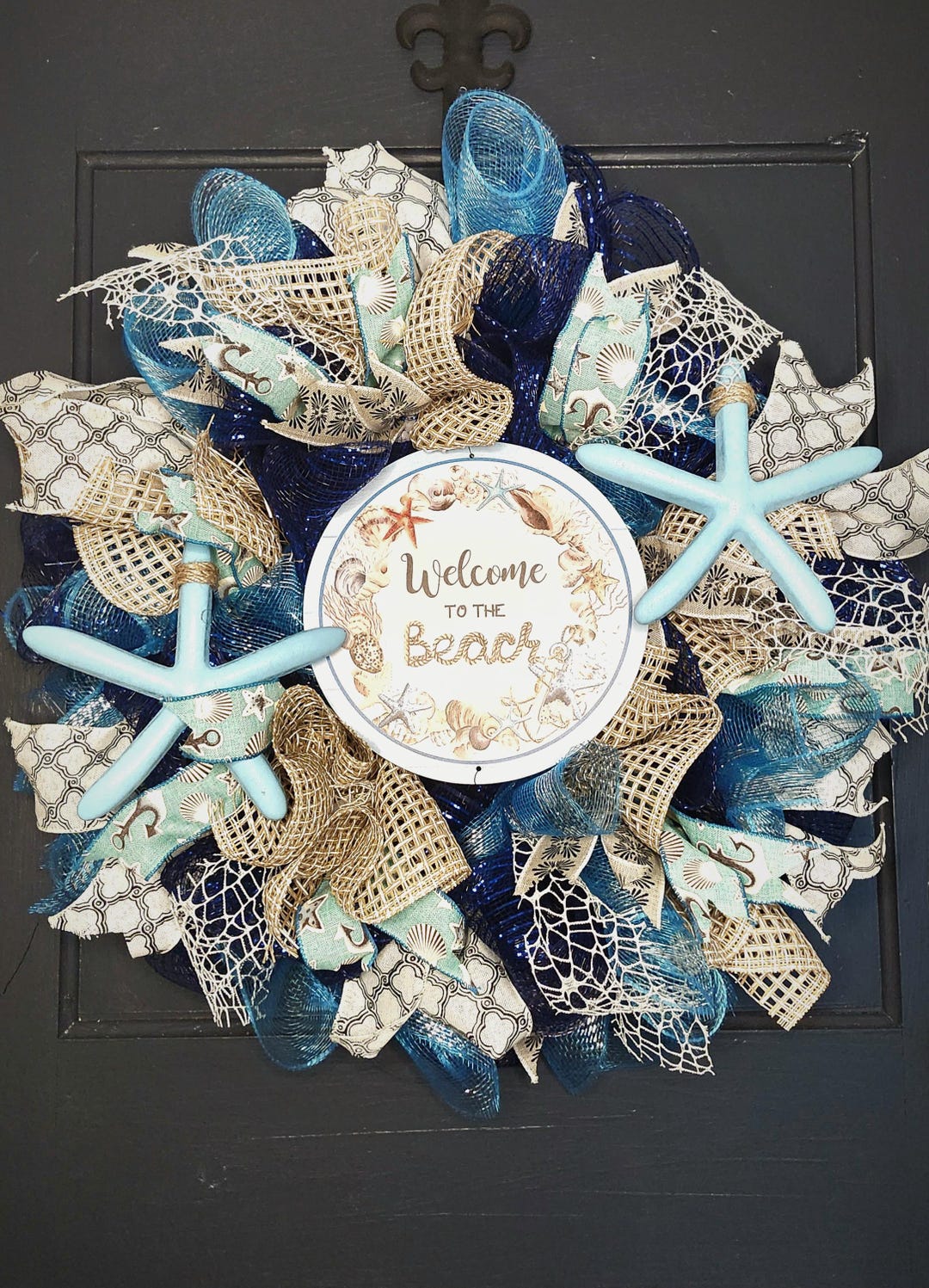 22 Inch Welcome to the Beach Wreath Deco Mesh Blue Tanwith Starfish ...