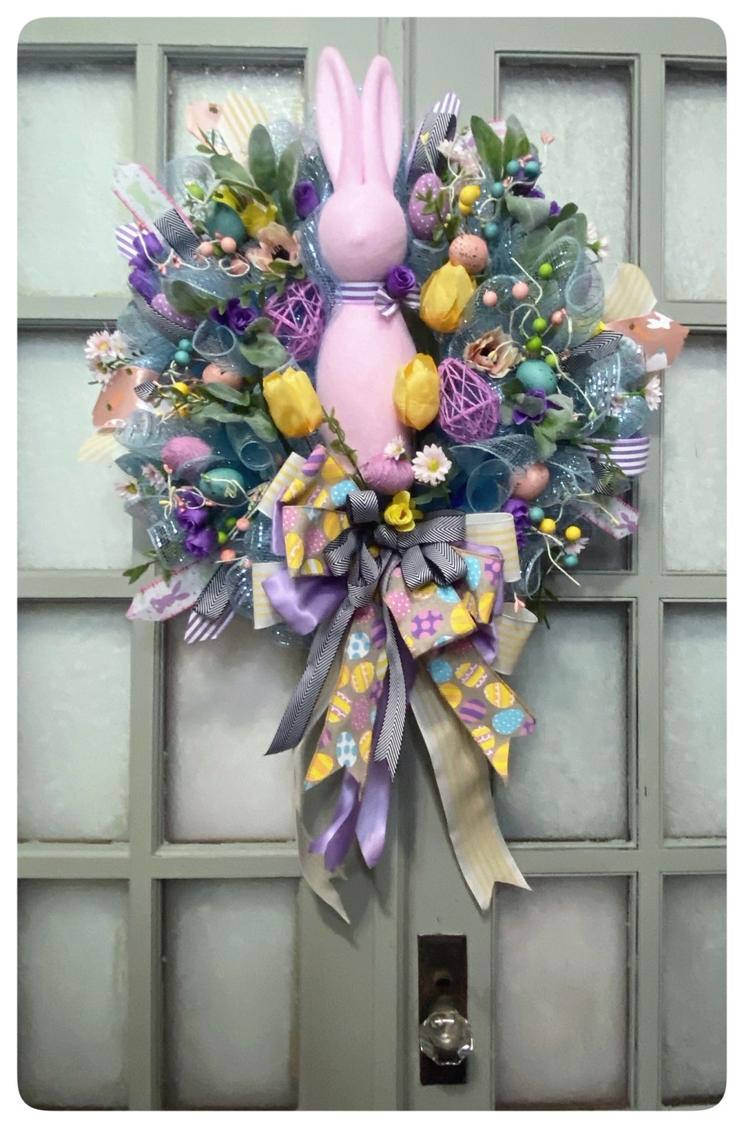 Huge Flocked Bunny Wreath Easter Door Swag Blue Deco Mesh Outdoor ...