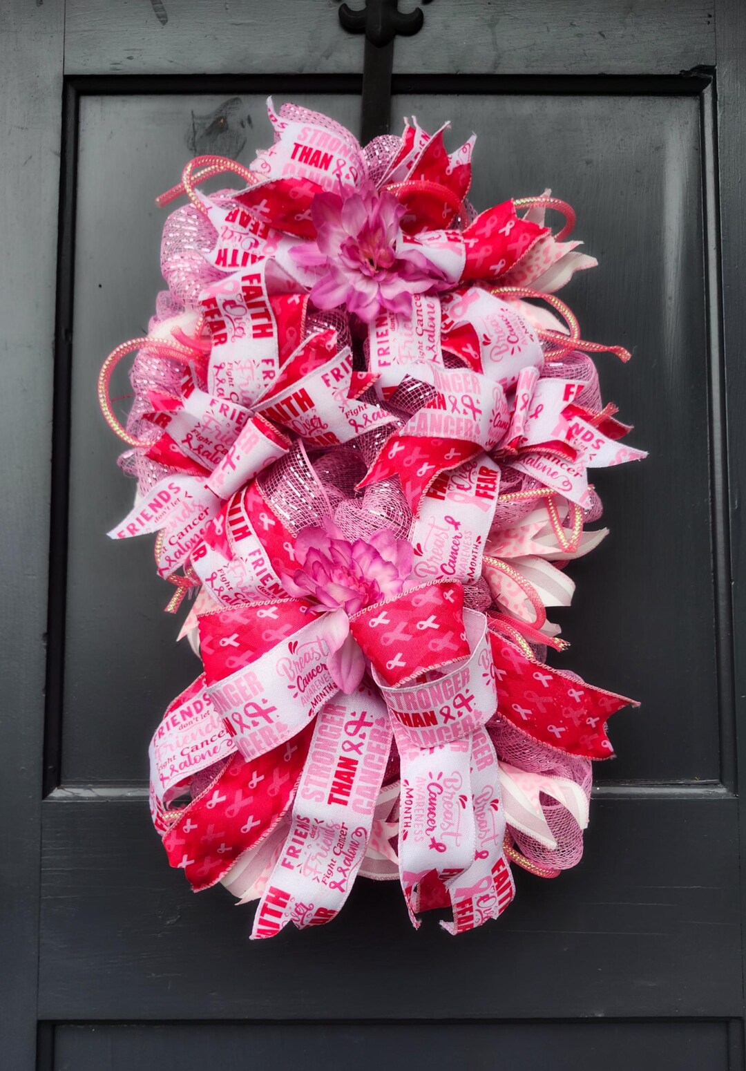 Breast Cancer Awareness Pink Deco Mesh Wreath Ribbon Indoor Outdoor ...