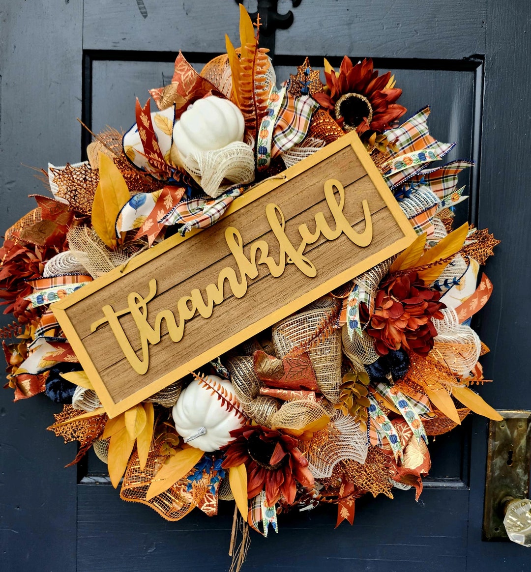 Thankful Thanksgiving Wreath 24 Inches White Pumpkins Mustard Yellow ...