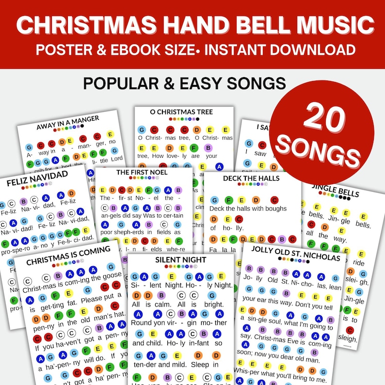 26 Hand Bell Music Song Sheets | Color-coded Hand Bell Songs | Instant ...