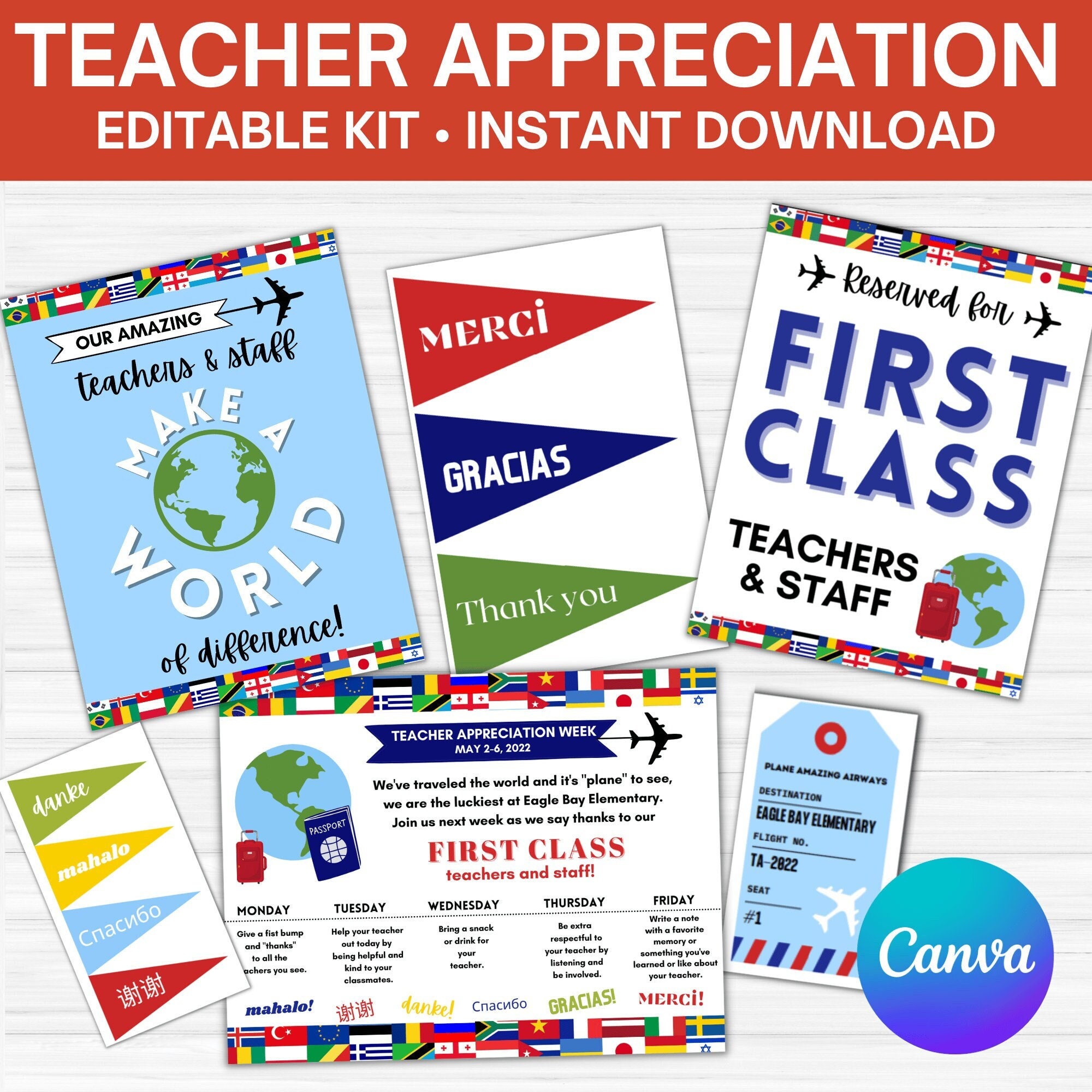 Editable World-themed Teacher Appreciation Week Printable Bundle Flyers ...