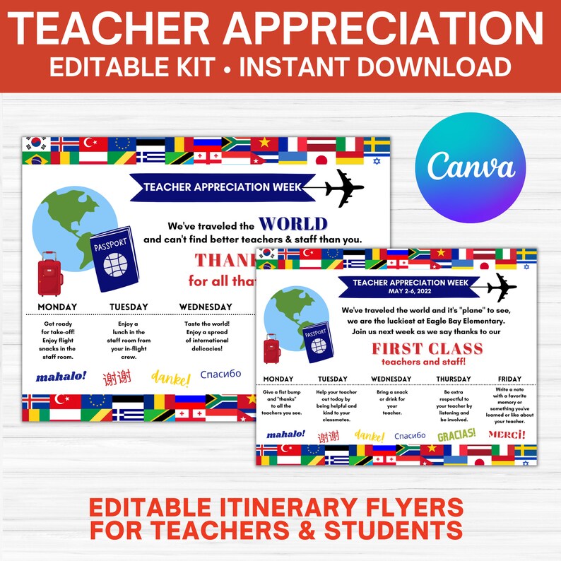 Editable World-themed Teacher Appreciation Week Printable Bundle ...