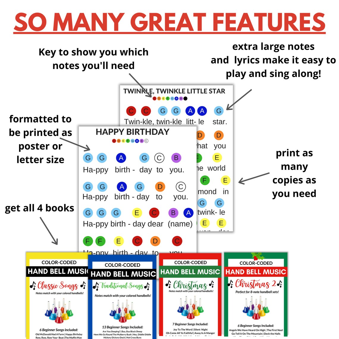 26 Hand Bell Music Song Sheets | Color-coded Hand Bell Songs | Instant ...