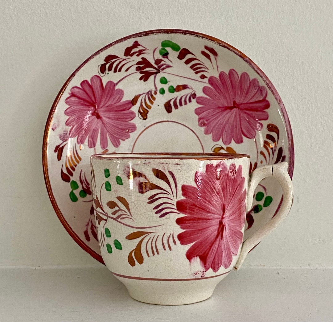 Antique Allerton's Welsh Gaudy Teacup and Saucer, Pink Floral Design ...