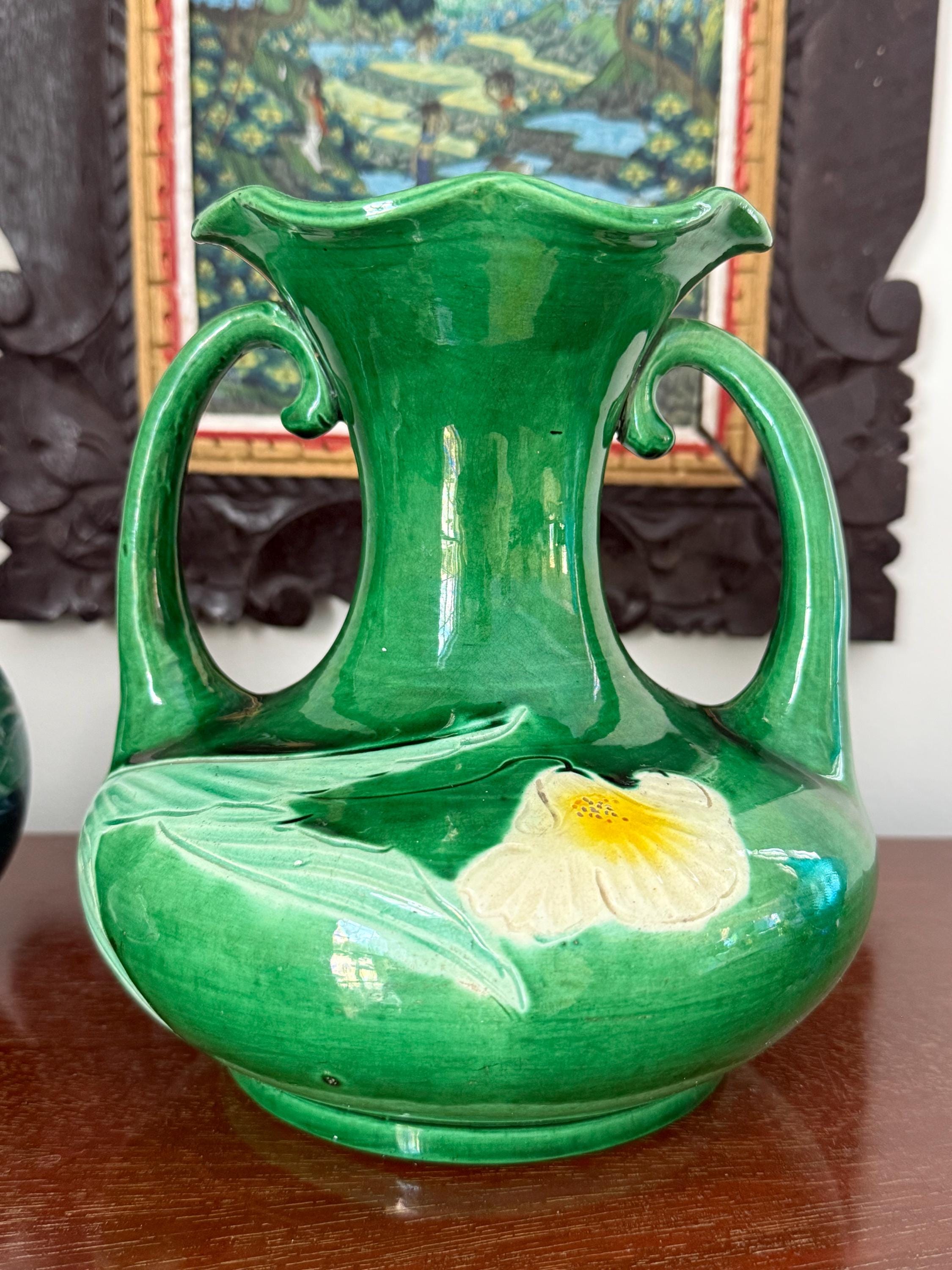 Japanese Vase Awaji Ware Majolica, Two Handled, Floral, Green, Export ...