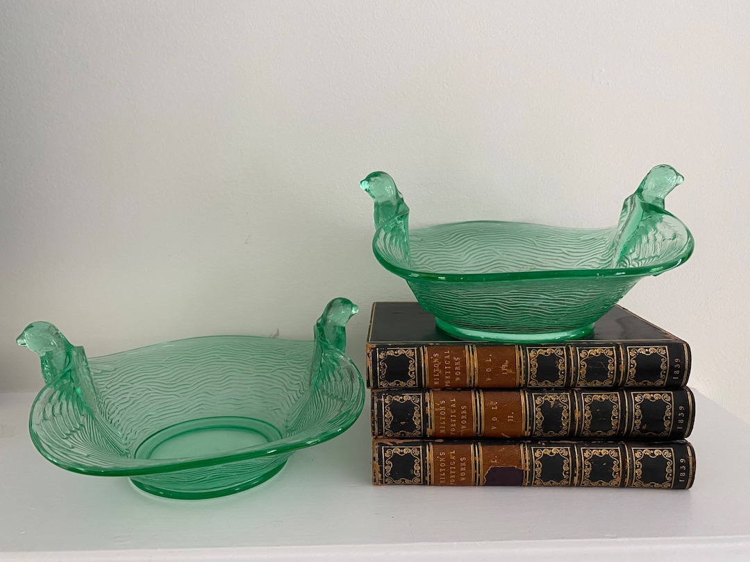 A Pair of Fenton Uranium Glass Bird Bowls, 1930s, Pressed Glass, Ribbed ...
