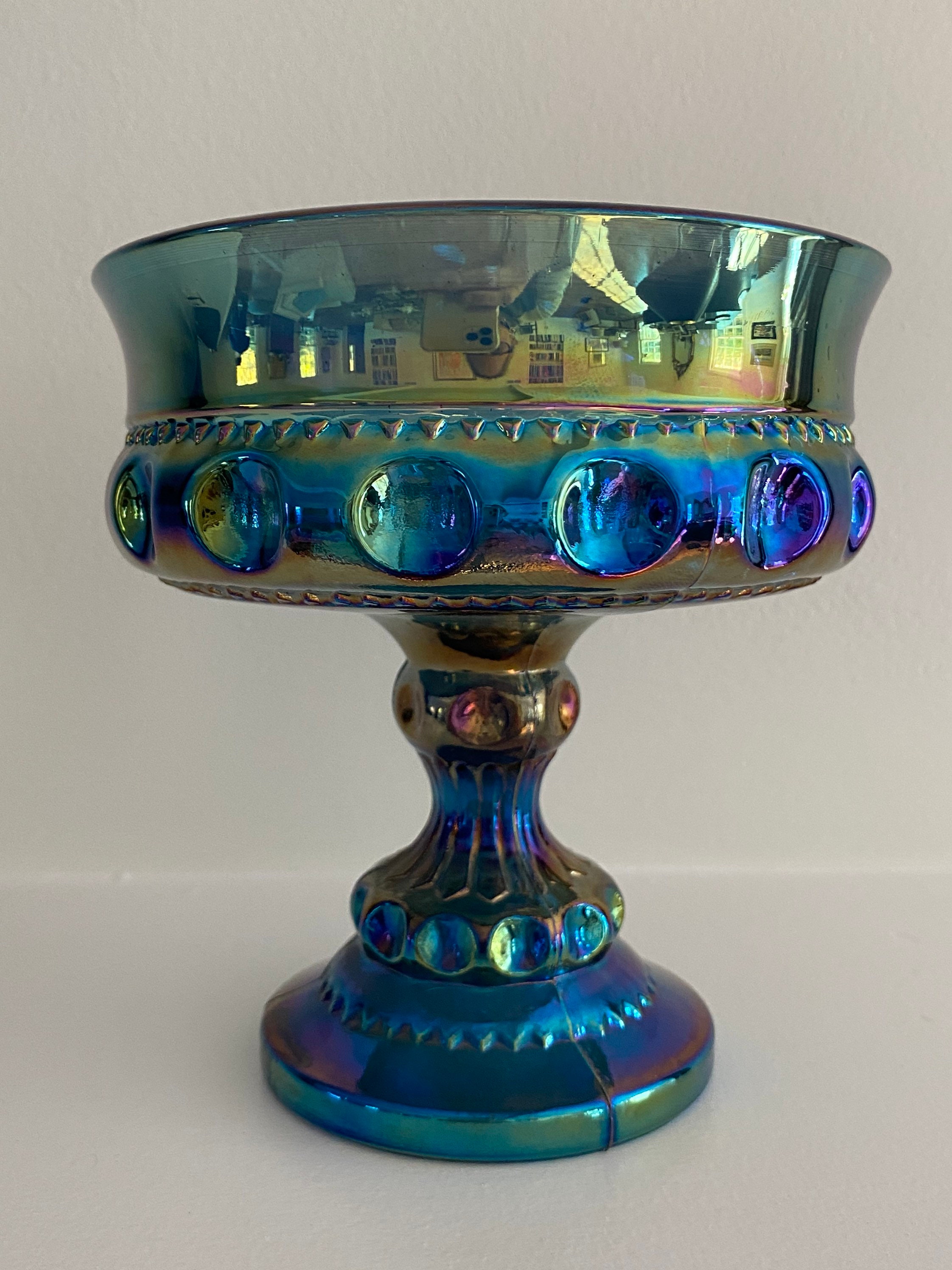 Beautiful Indiana Glass Compote, Blue Iridescent Carnival Glass ...