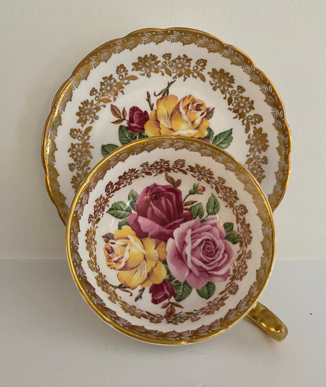 Stunning Paragon Teacup and Saucer, Cabbage Rose, Ornate Gilt Leaves ...