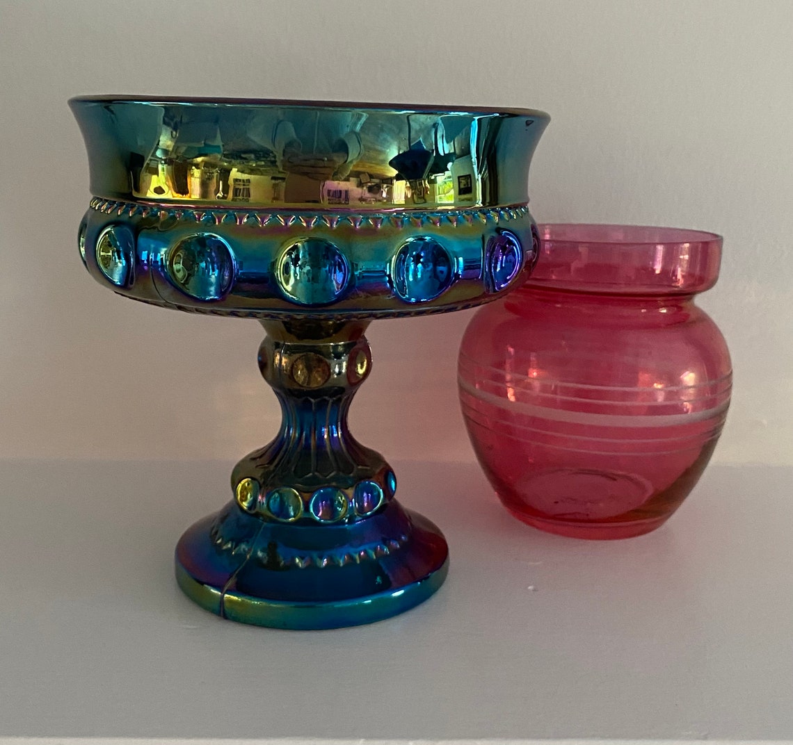 Beautiful Indiana Glass Compote, Blue Iridescent Carnival Glass ...