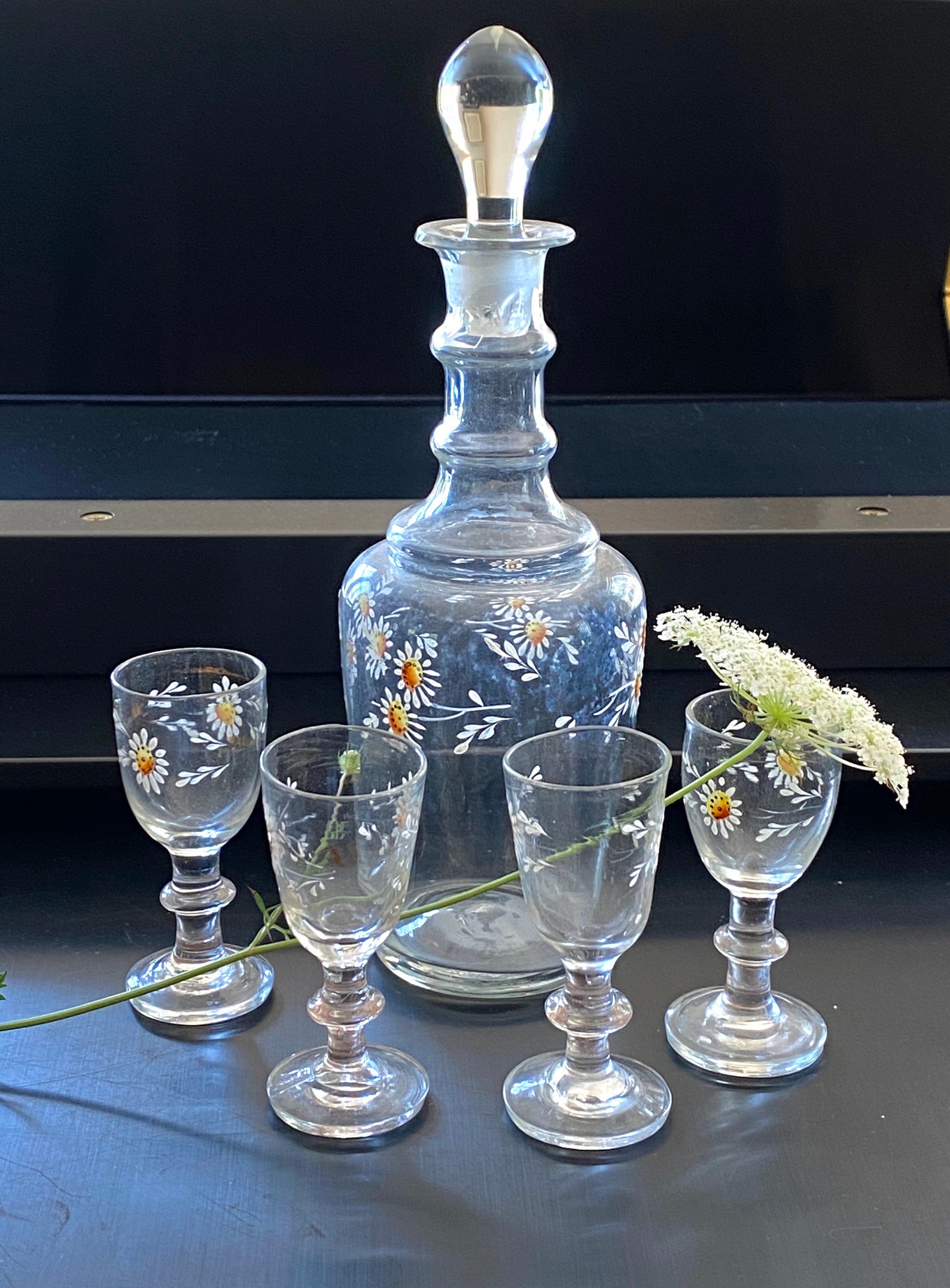 Delightful 19th century handblown carafe with four cordial | Etsy