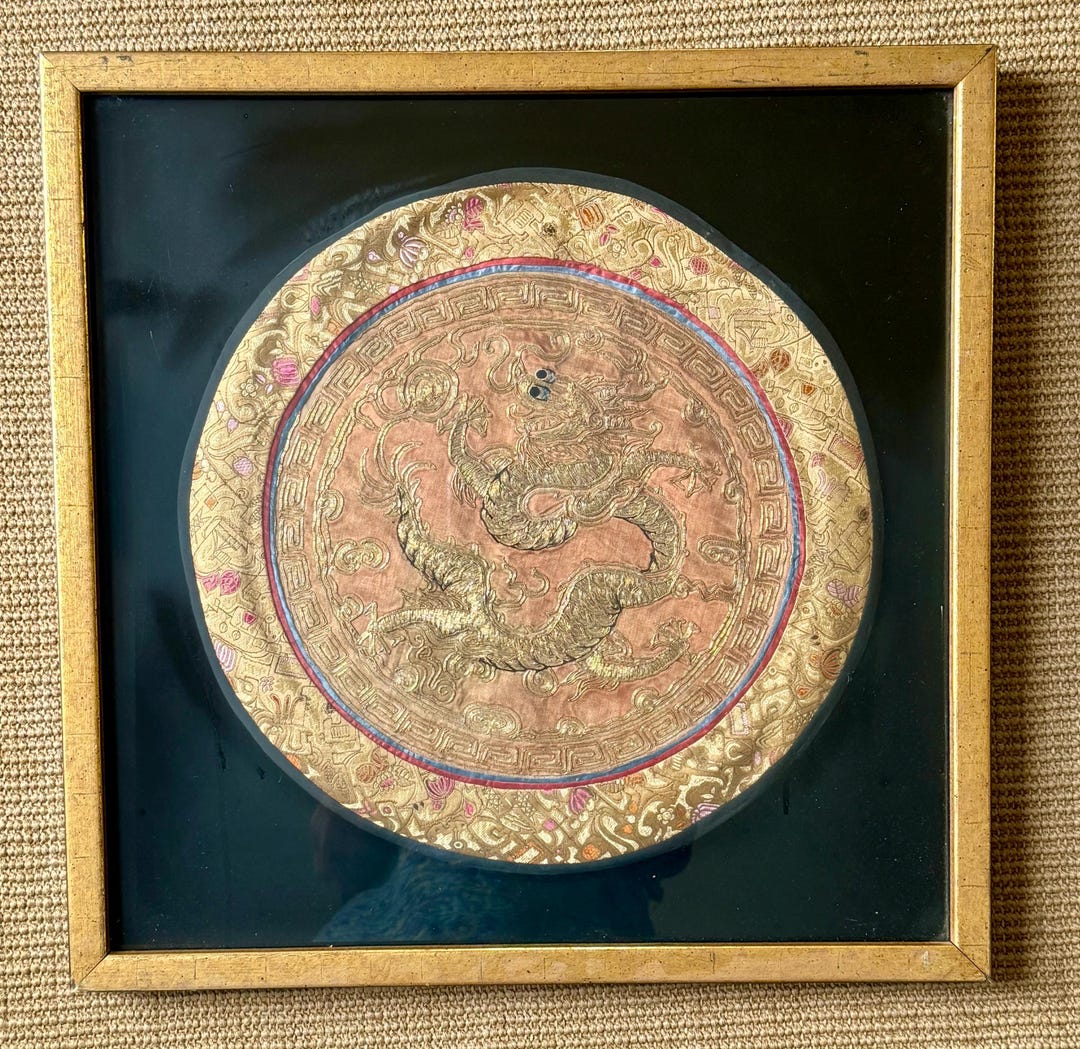 Antique Framed Qing Dynasty Roundel, Magnificently Embroidered With a ...