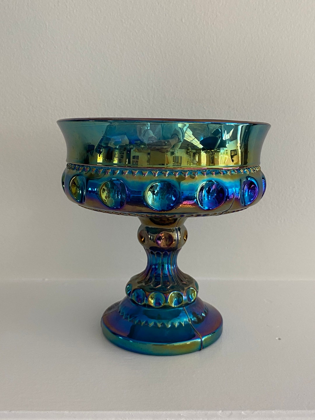 Beautiful Indiana Glass Compote, Blue Iridescent Carnival Glass ...