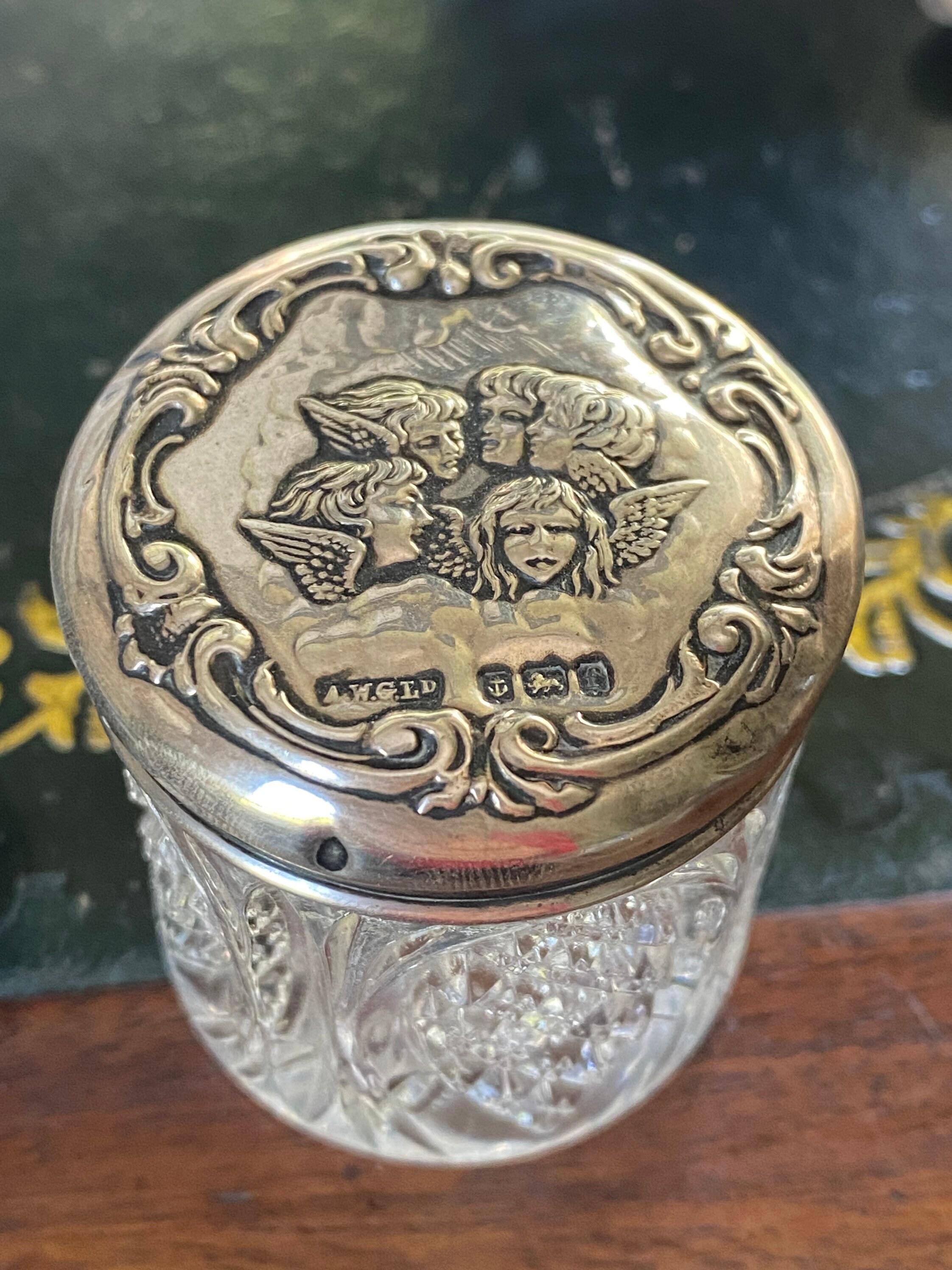 Vintage angel Jar, Cut Crystal Jar With Sterling Silver Lid, Repoussee Design of Reynold's ...