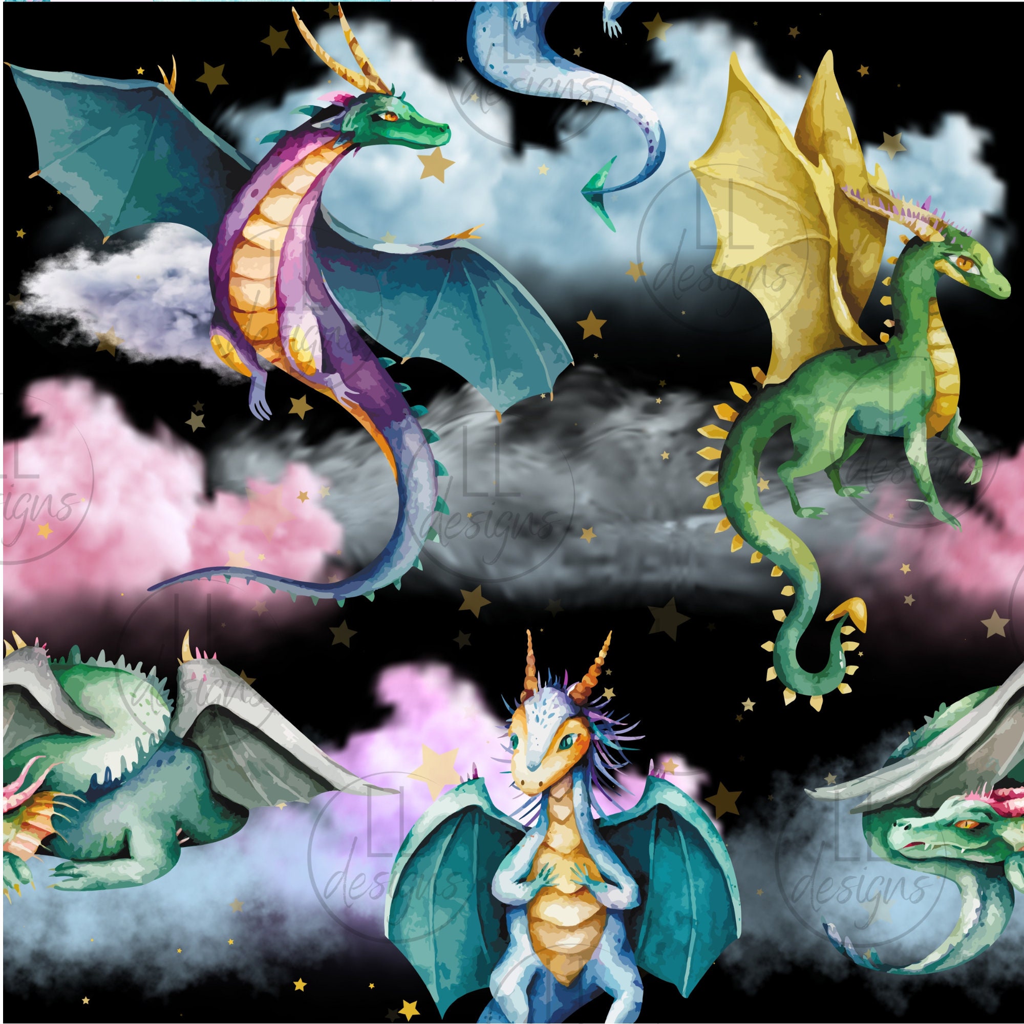 Dragons Clouds Night Seamless Pattern, Digital Paper,digital,paper ...