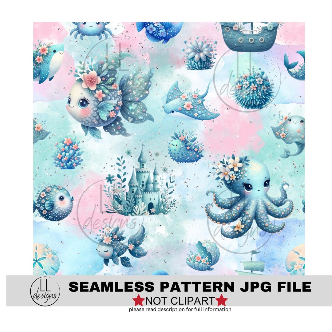Teal Bling Under the Sea Fish JPG Seamless Pattern, Digital Paper ...