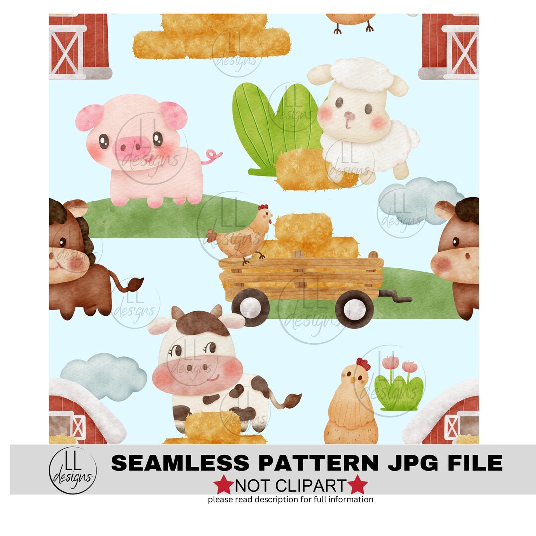 Farm Animals Cow Pig Tractor Hay Seamless Pattern, Digital Paper ...