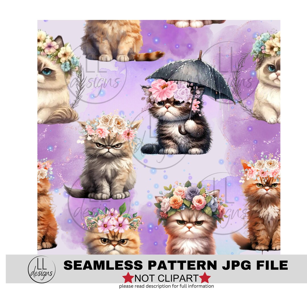 Purple Grumpy Flower Cat Kitty JPG Seamless Pattern, Digital Paper ...