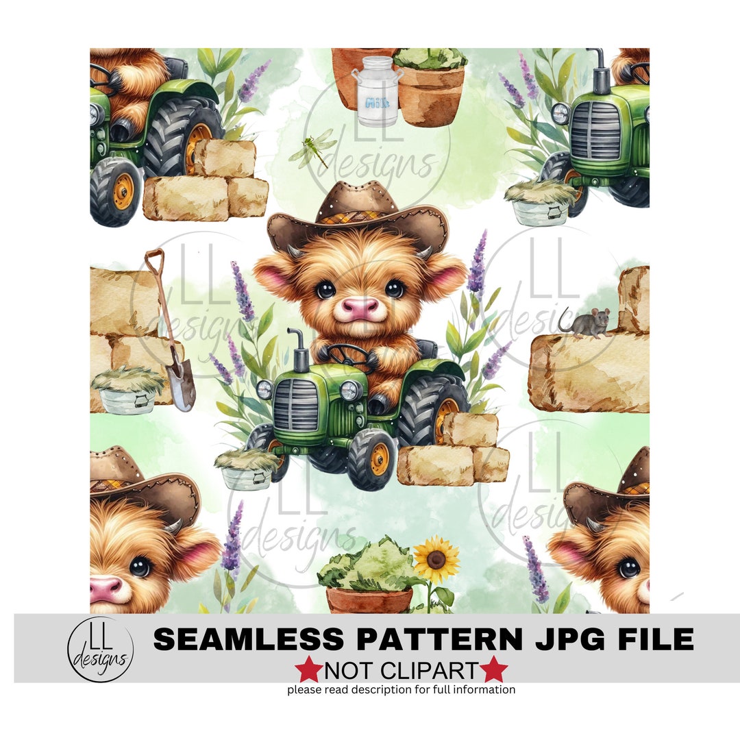 Highland Cow Green Tractor Plaid JPG Seamless Pattern , Digital Paper ...
