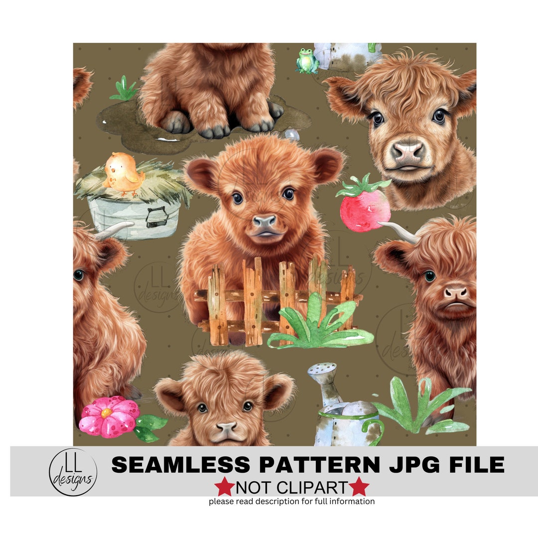 Cute Furry Chubby Highland Cows Farm Seamless Pattern, Digital Paper ...