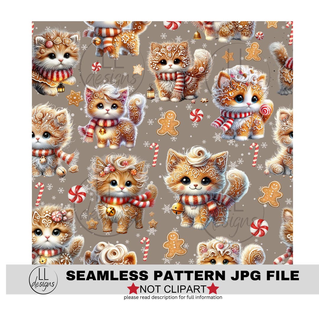 Gingerbread Gingy Cookie Cats Peppermint JPG Seamless Pattern, Digital ...