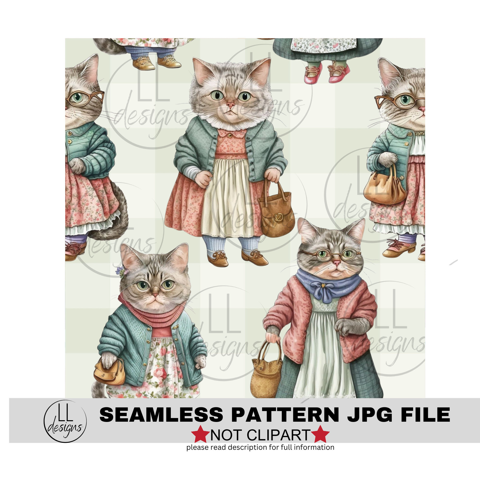 Granny Cats Cat JPG Seamless Pattern, Digital Paper,digital,paper ...