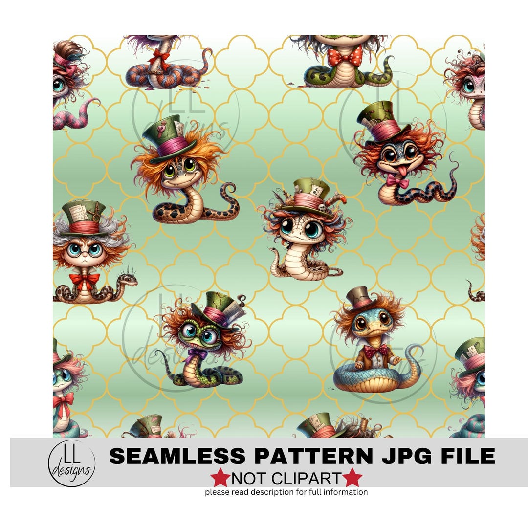 Mad Hatter Green Snakes Slithering JPG Seamless Pattern, Digital Paper ...