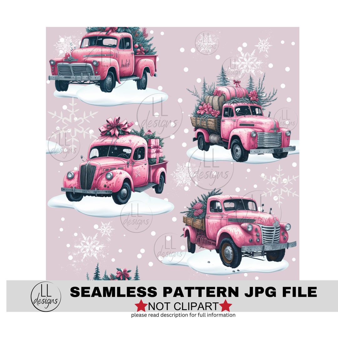 Pink Holiday Trucks Christmas Tree Seamless Pattern, Digital Paper ...