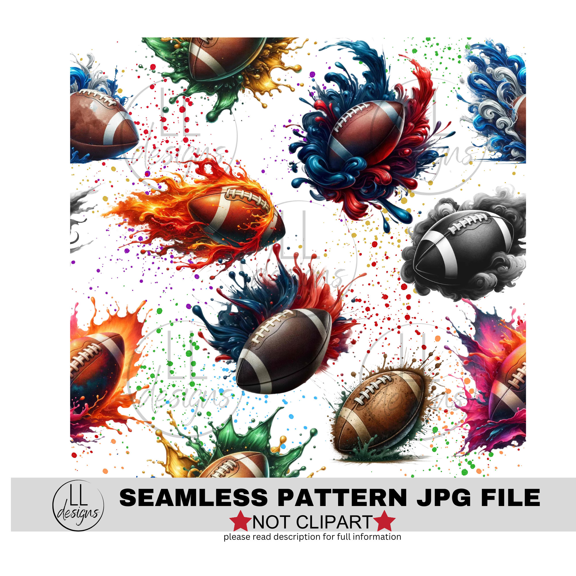 Football Splatter Colourful Colorful JPG Seamless Pattern, Digital ...