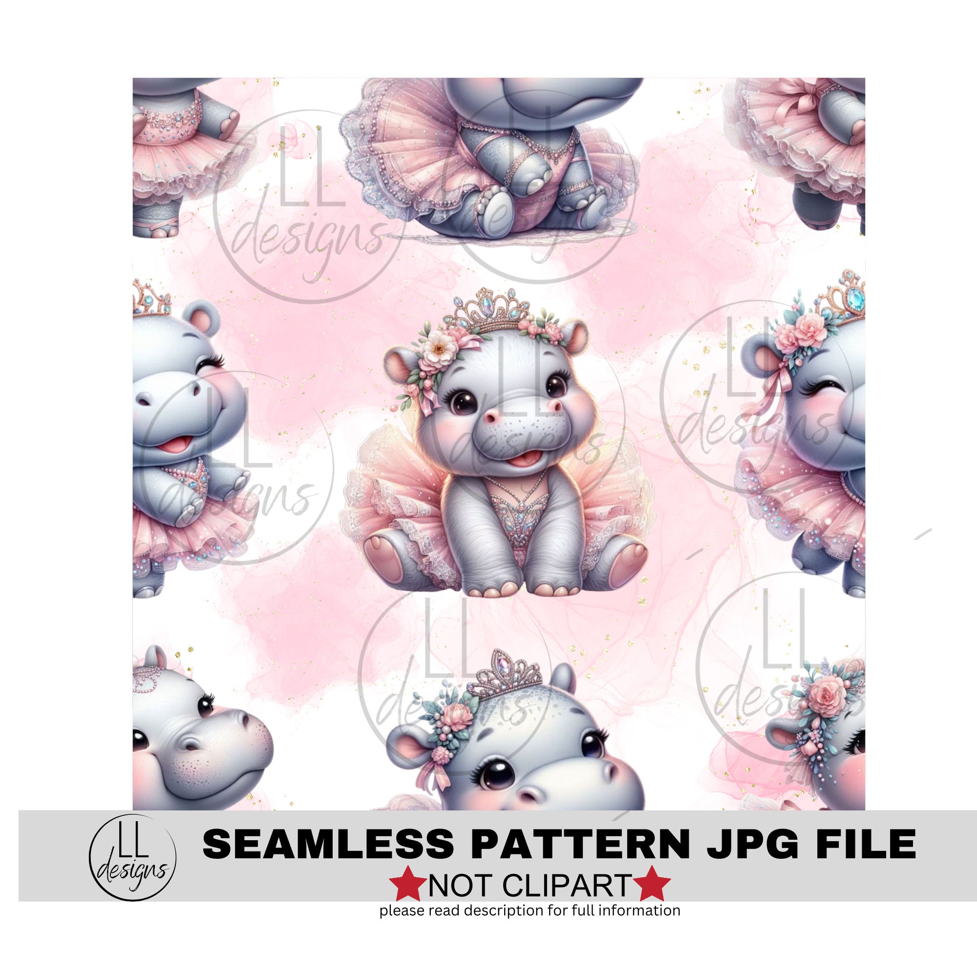Tutu Hippo Hippopotamus Colorful Flower Pretty JPG Seamless Pattern ...