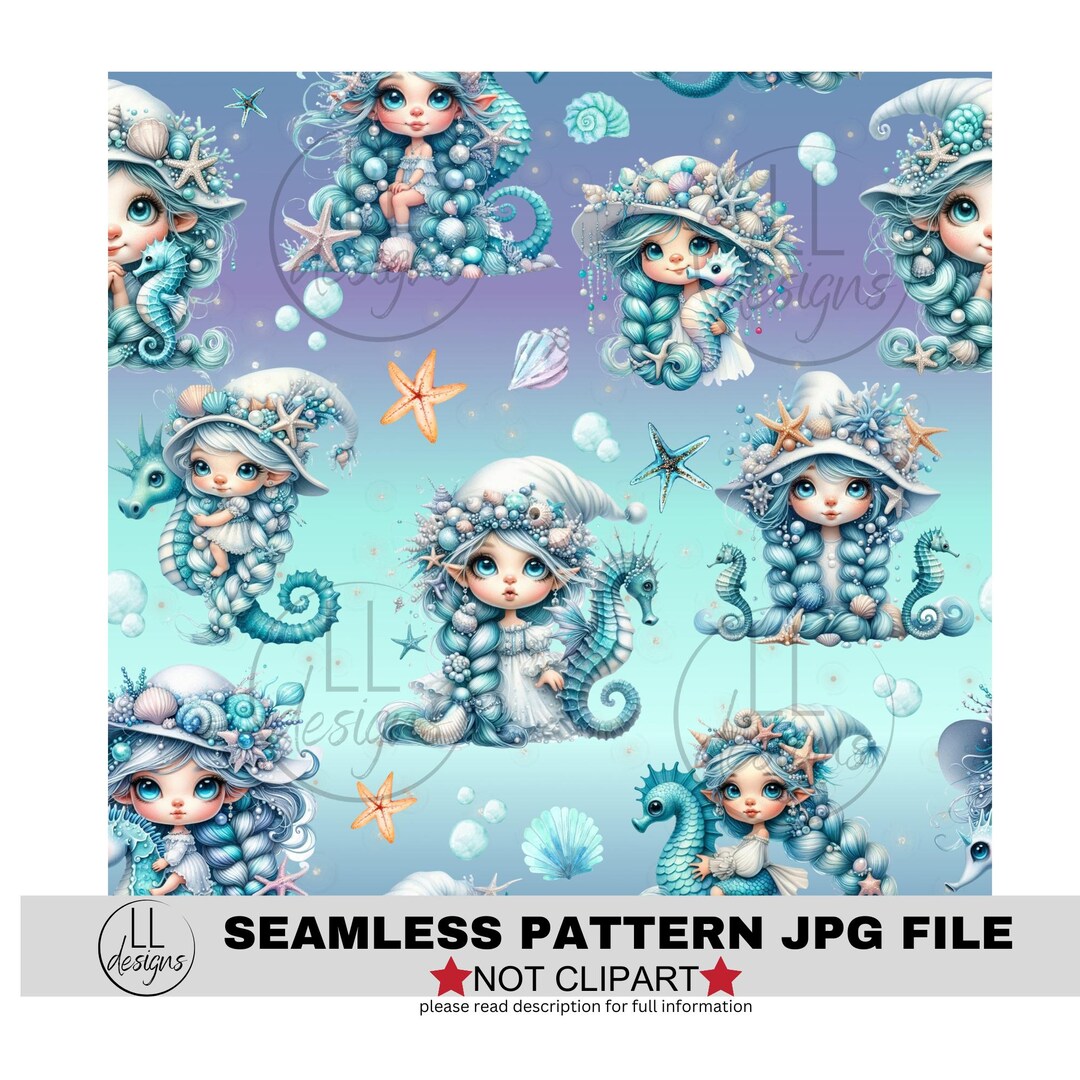 Minty Seahorse Girl Seashell Seamless Pattern, Digital Paper,digital ...