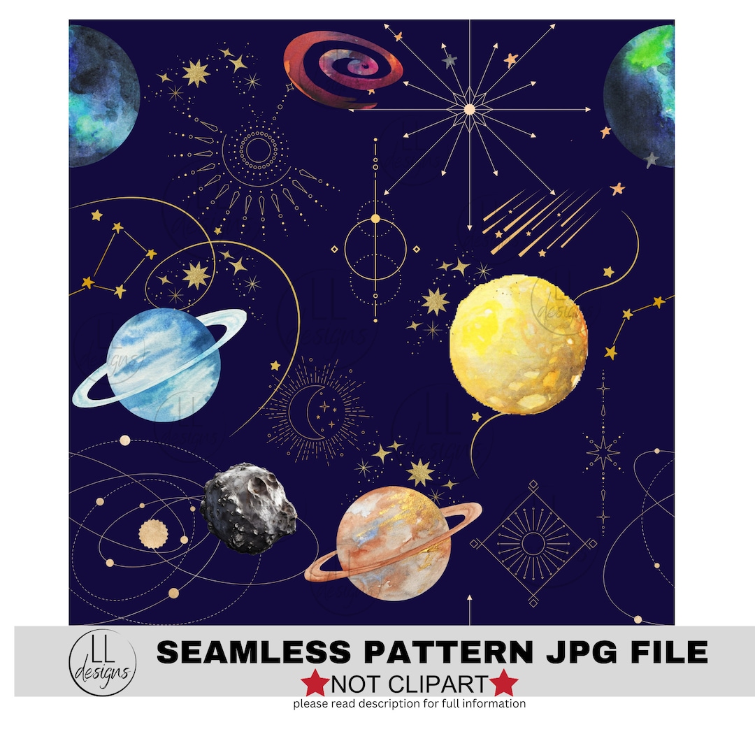 Celestial Gold Planets Space Galaxy Seamless Pattern, Digital Paper ...