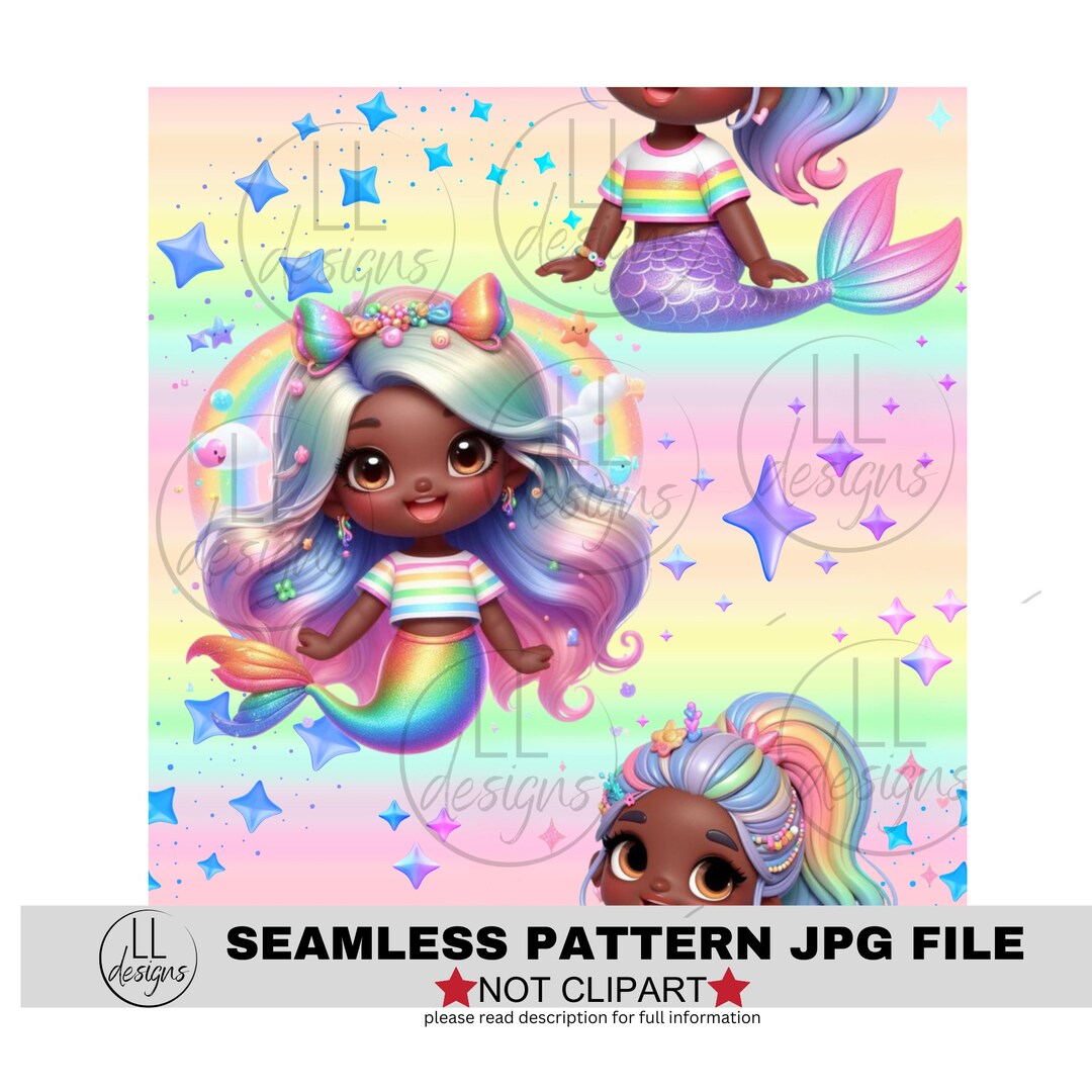 Rainbow Mermaid Girl Stars Under the Sea Seamless JPG Pattern, Digital ...