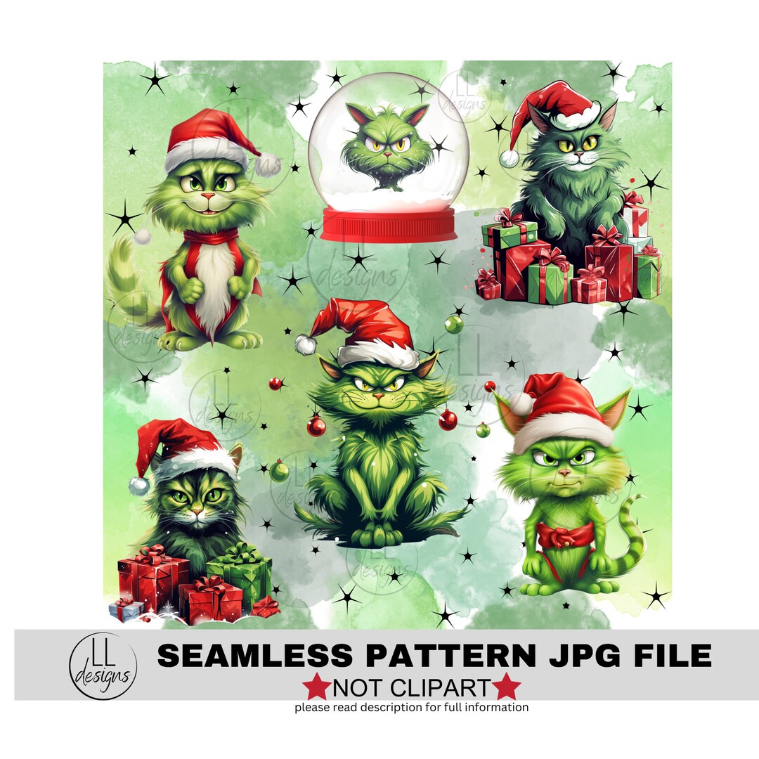 Miserable Cats Christmas Green Mean Seamless Pattern, Digital Paper ...