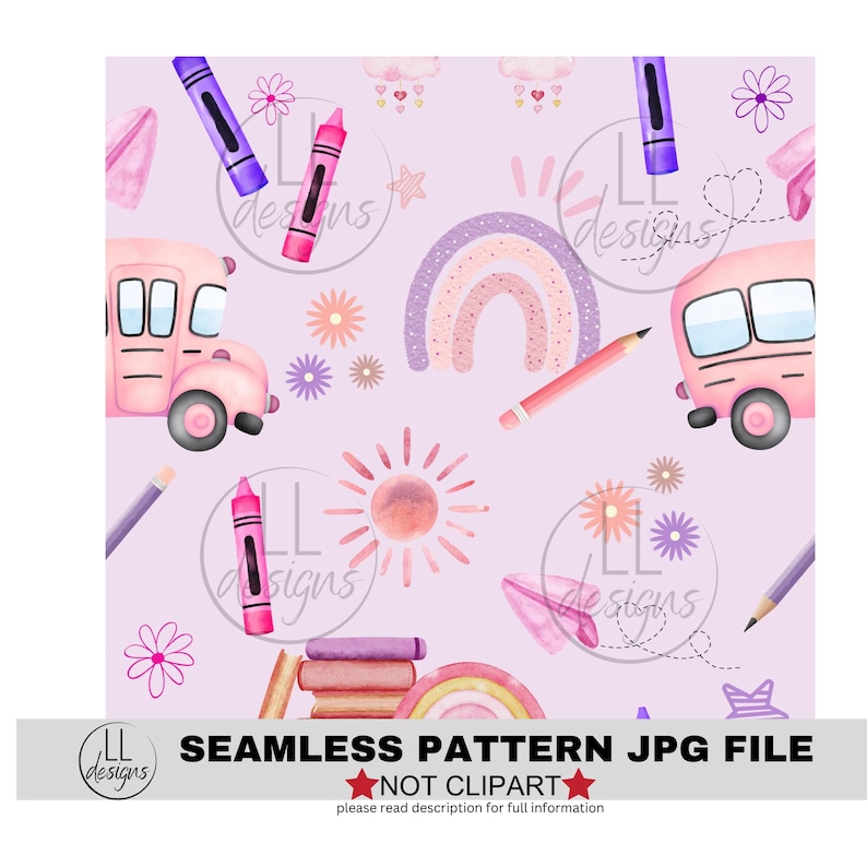 Watercolor School Bus Crayon Back to School Pink Purple Seamless ...
