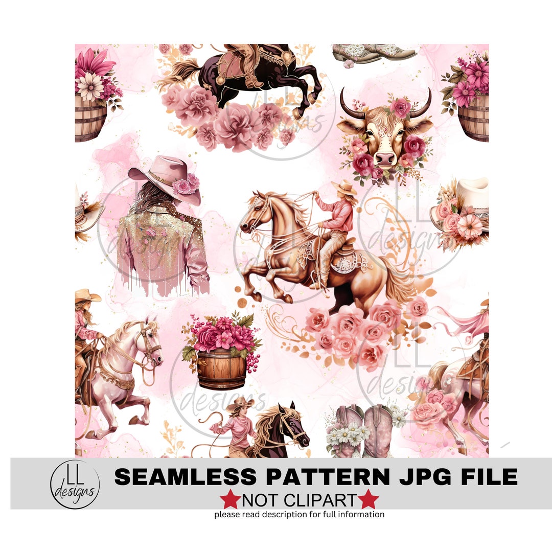 Pink Rodeo Horse Cowgirl Floral JPG Summer Seamless Pattern, Digital ...