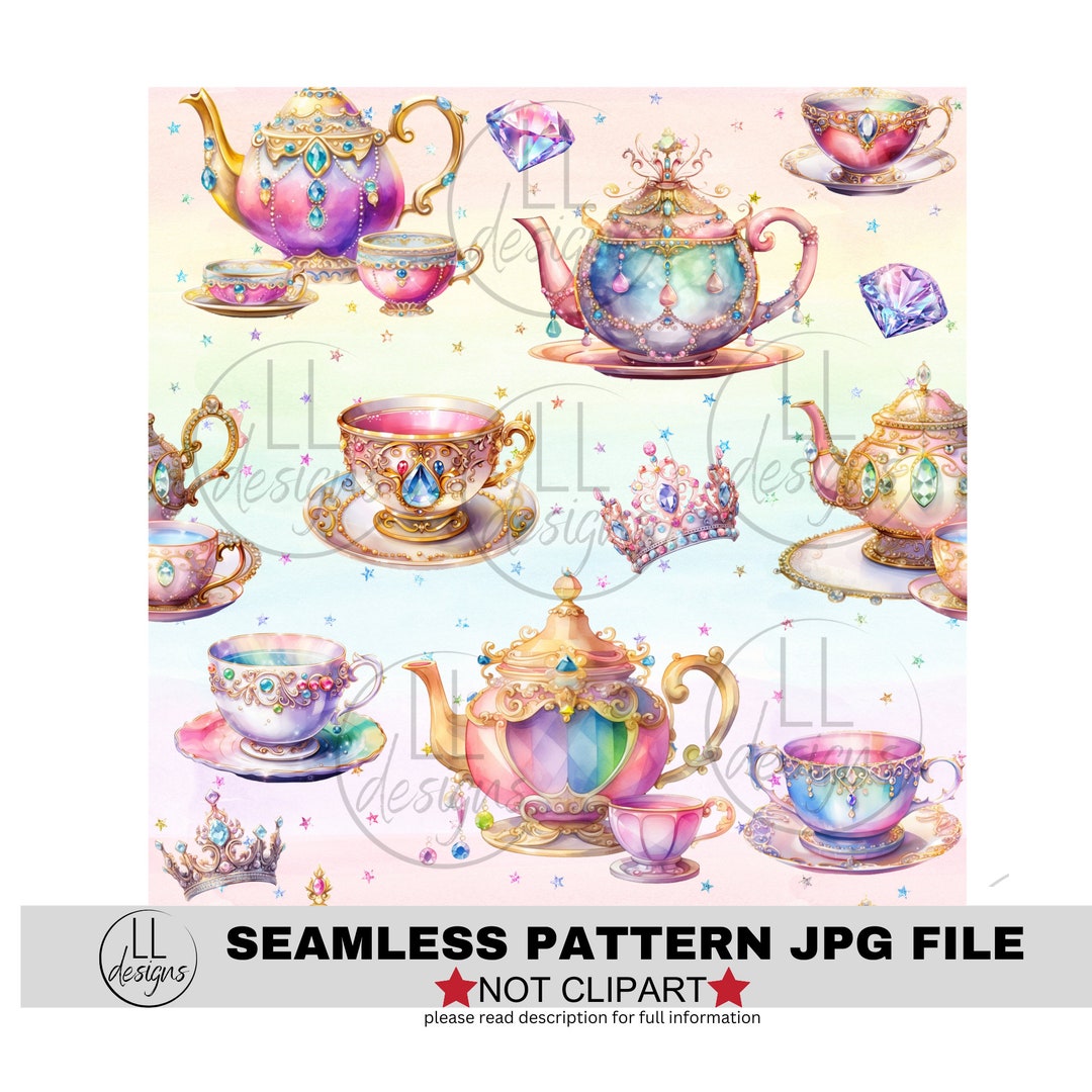 Rainbow Gems Tea Cup JPG Summer Seamless Pattern, Digital Paper ...