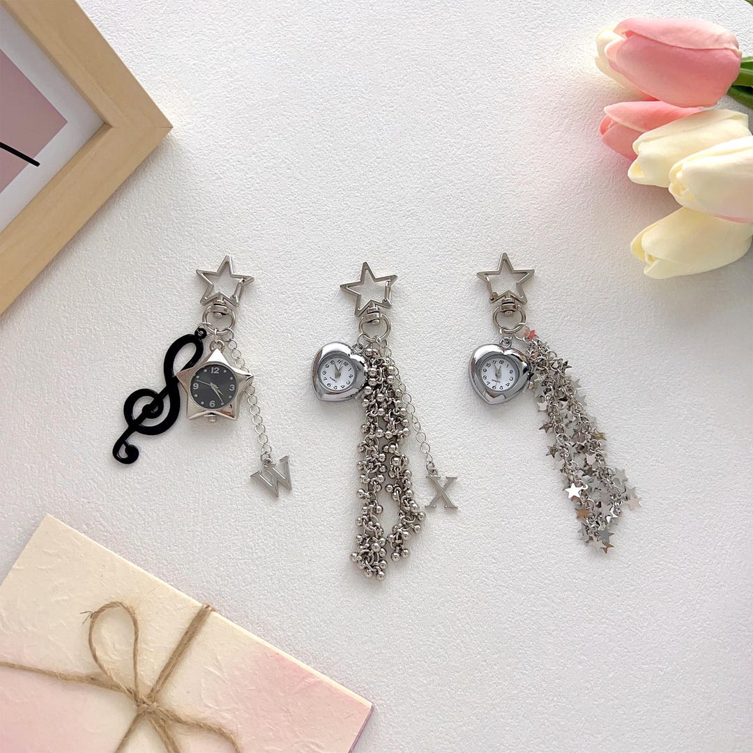 Y2K Star Heart Clock Keychain With Initial, Punk Star Tassel Bag Charm ...