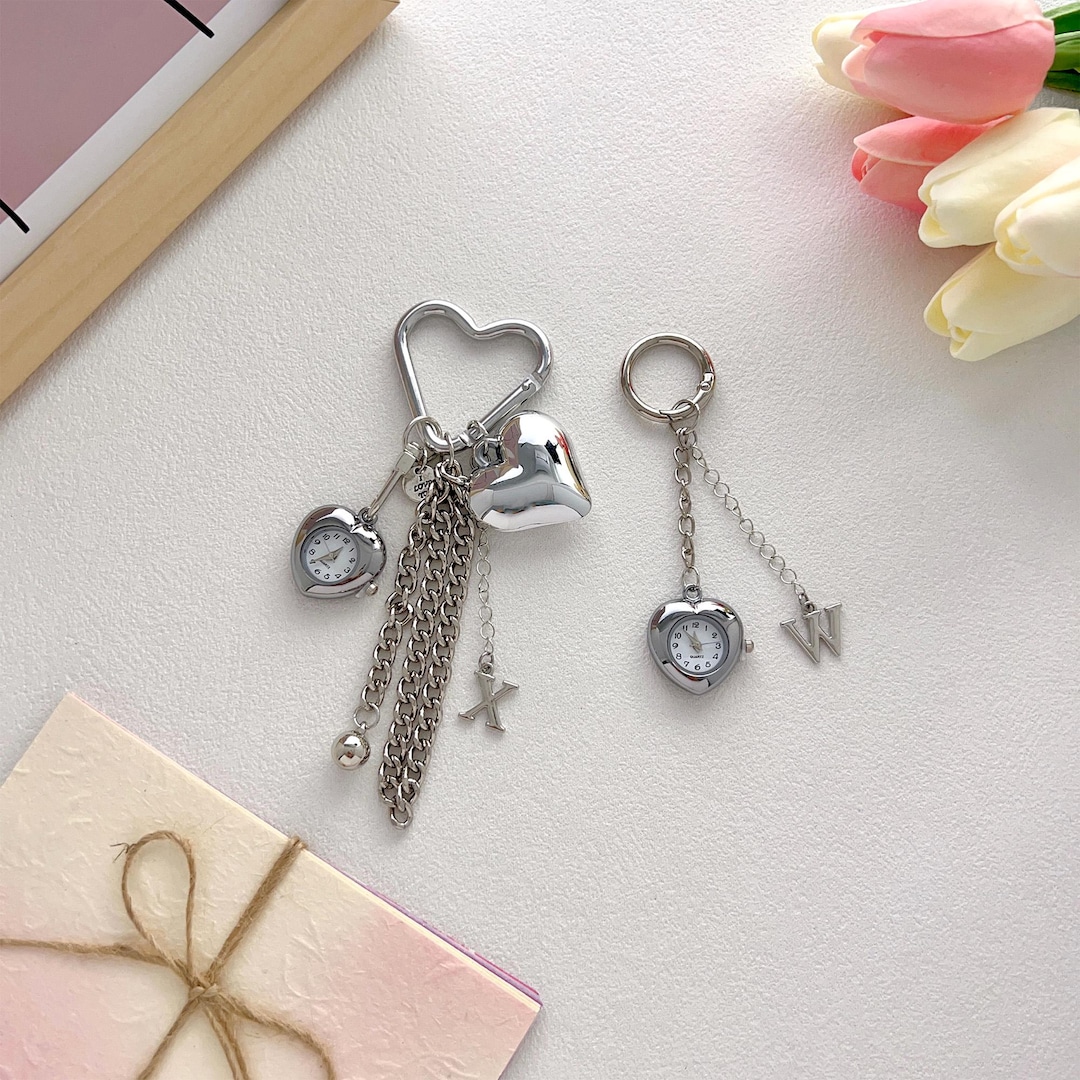 Silver Heart Shape Watch Keychain With Personalized Letter Charm ...