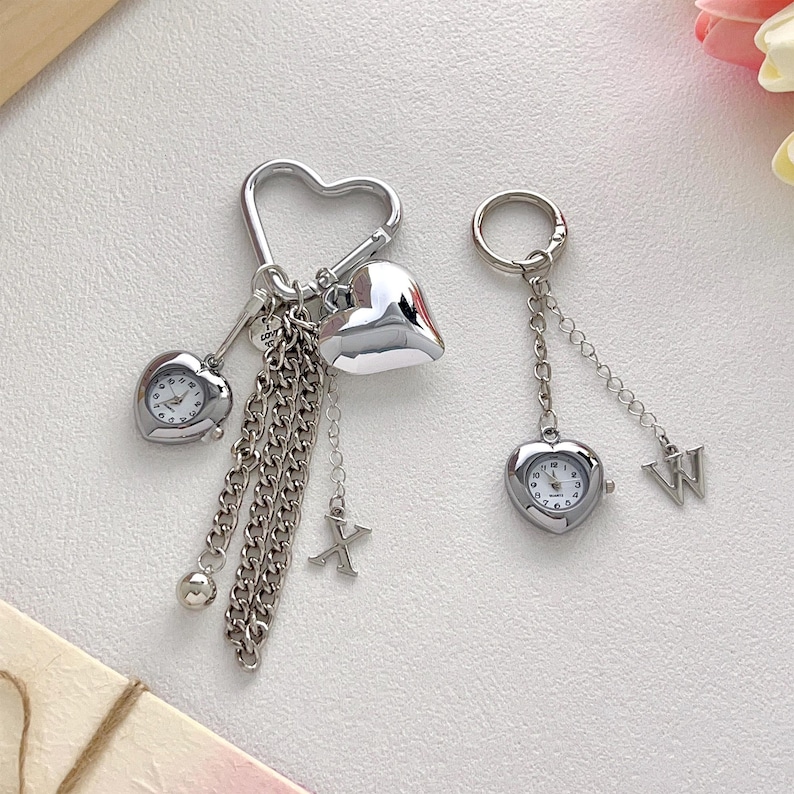 Silver Heart Shape Watch Keychain With Personalized Letter Charm ...