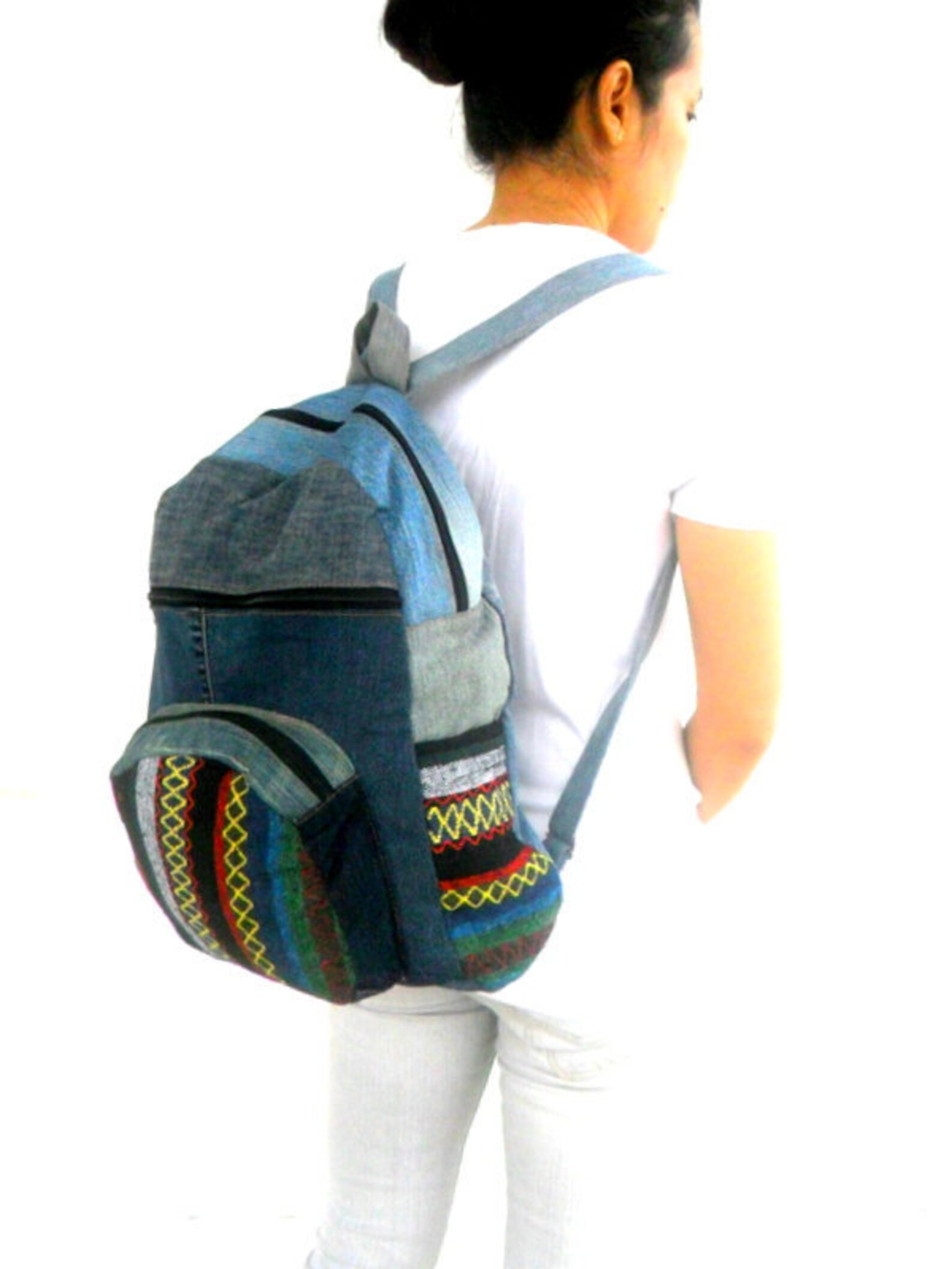 Denim Backpack Denim Jeans Bag Recycled Denim Boho Bag Denim - Etsy