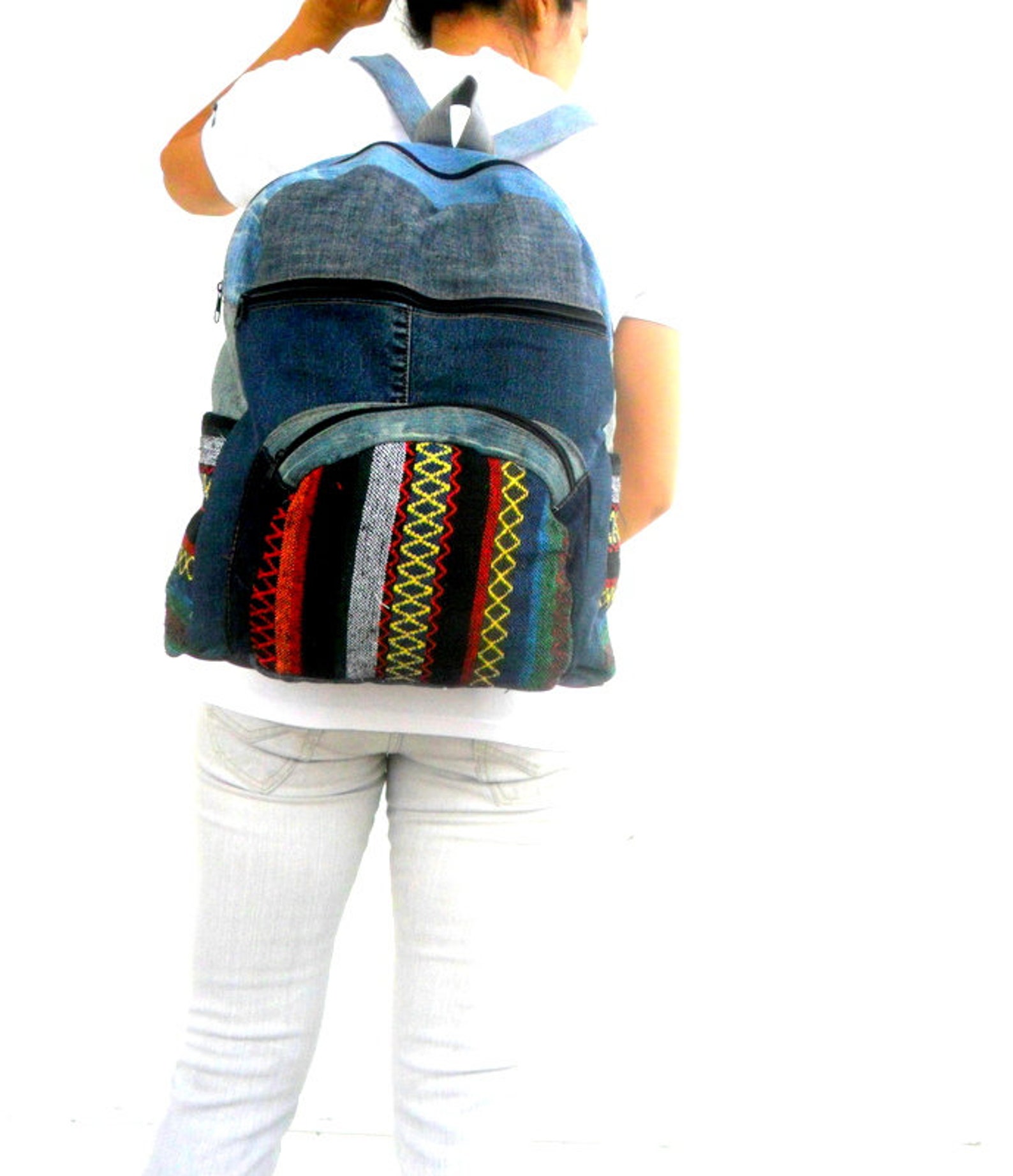 Denim Backpack Denim Jeans Bag Recycled Denim Boho Bag Denim - Etsy